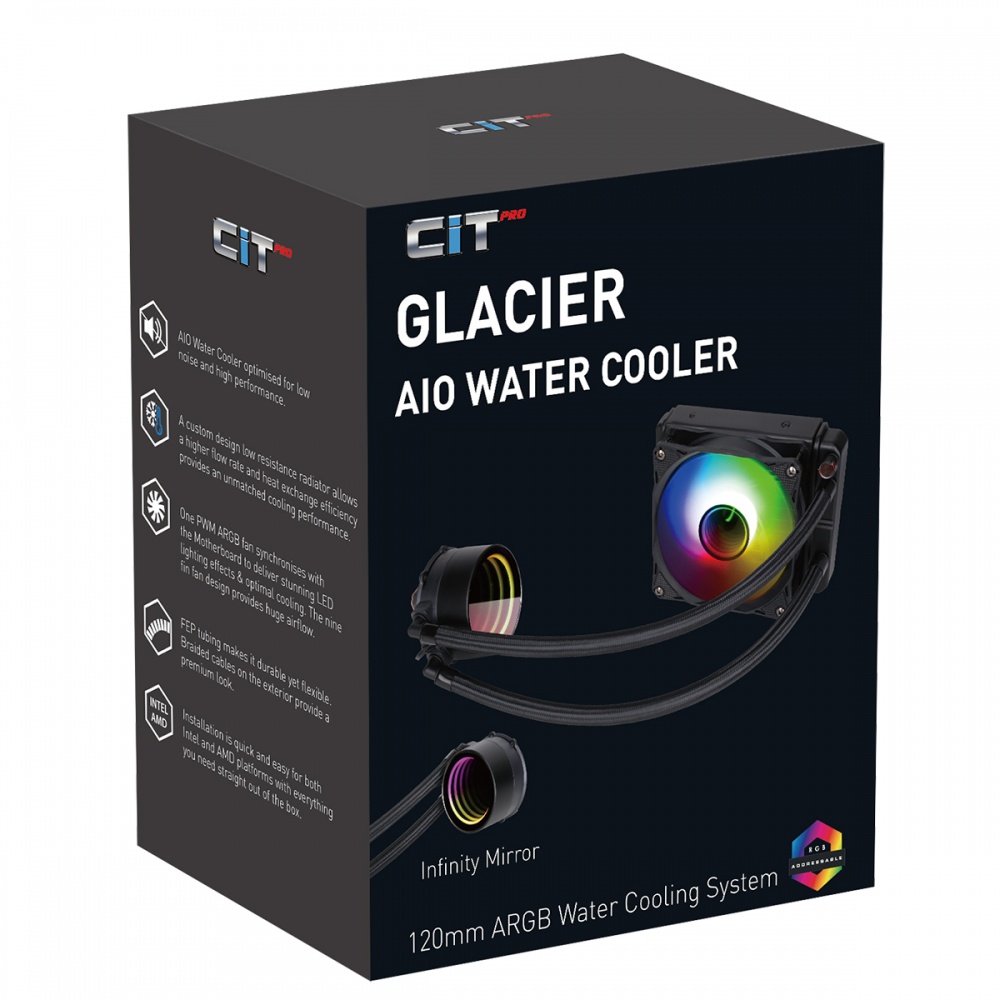 CiT Pro Glacier Watercooler Liquid CPU Cooler 120mm Black ARGB Infinity ...